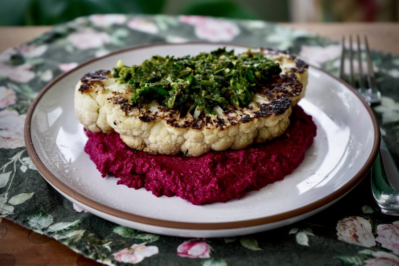 Vegan Beet Hummus + Chimichurri Sauce Over Cauliflowers Steaks - The ...